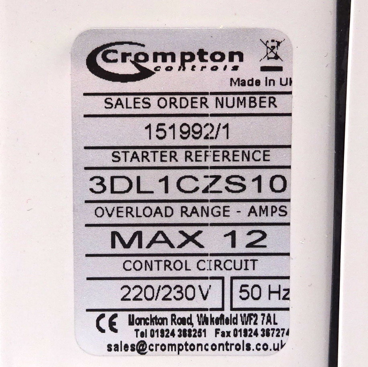 DOL Starter 3DL1CZS10 Crompton No overload relay, with contactor CC0910 - Axxa - Motor Control ...